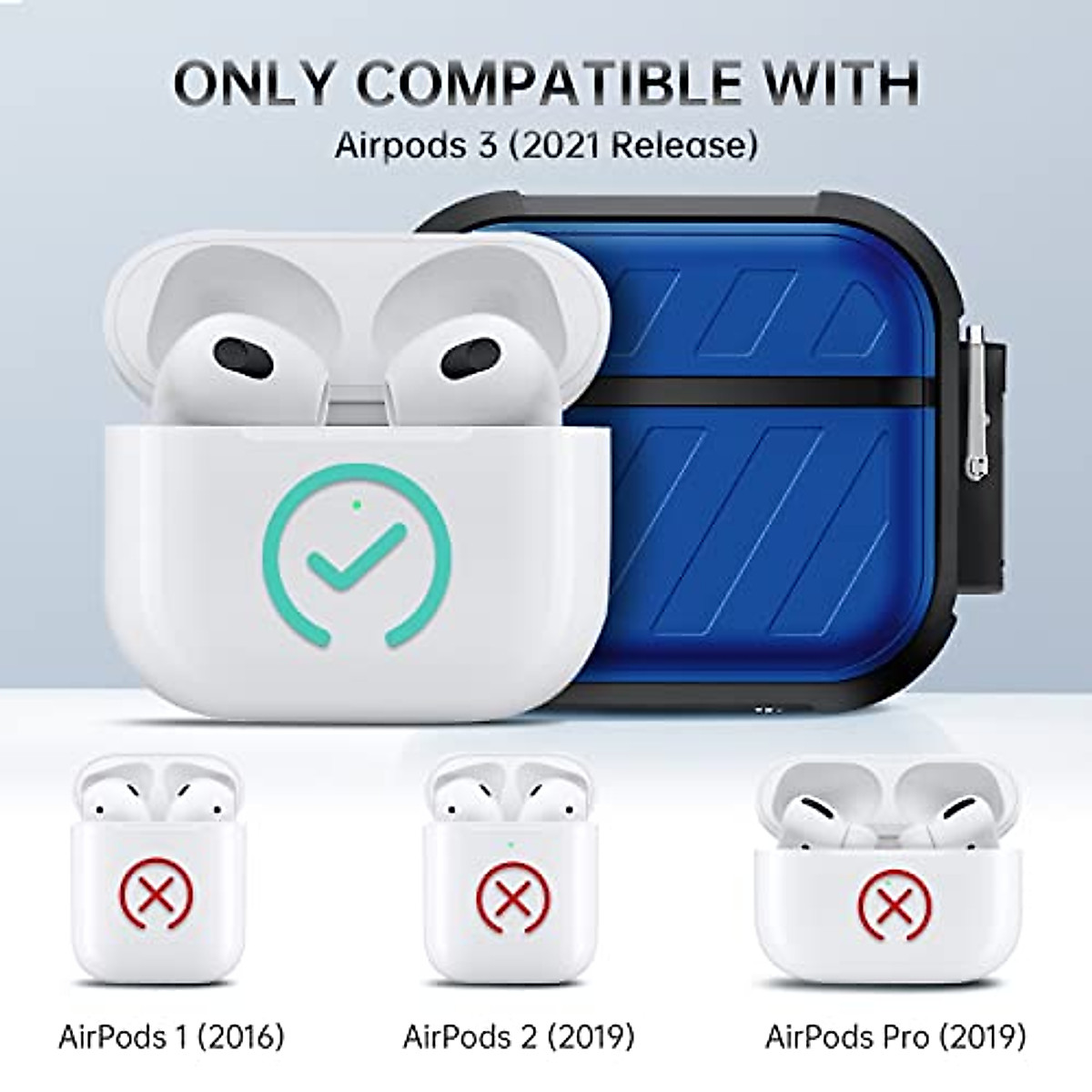 ROCKREGE Compatible with Apple Airpods 3rd Generation Case Waterproof Cover for Man Women, Full-Body Military Grade Protective Case Cover with Keychain and Secure Lock for AirPods 3 Case(Blue)
