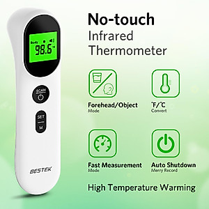 BESTEK Forehead Thermometer, Thermometer No Touch for Adults and Kids, Large LCD Screen Digital Infrared Thermometer for Home with Fever Alarm, Non Contact with 3-Color Indicator for Home