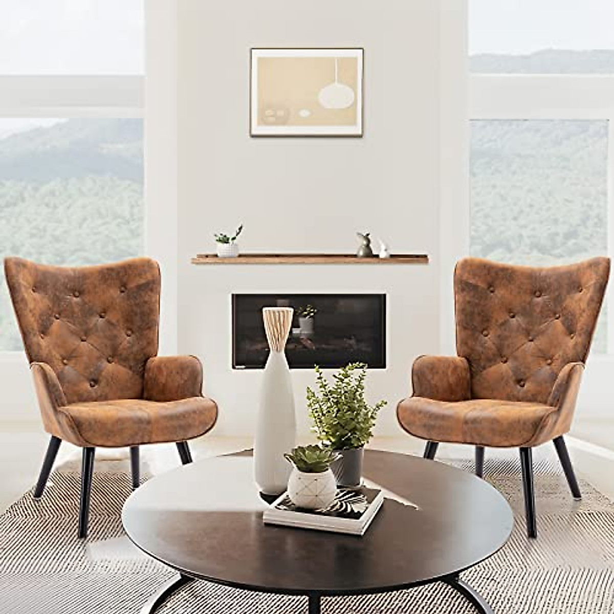 Brown Leather Accent Chairs Set of 2 for Living Room- Mid-Century Modern Comfy Reading Chair for Bedroom Adults Armchairs Sillones para Sala Sofa Tall Wingback Arm Chairs Microfiber Cushioned