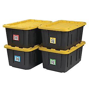 BLACK & YELLOW CX, 27-Gallon Heavy Duty Tough Storage Container with Smart QR Label for Easy Itemization, Weather-Resistant, Stackable Bin with Snap-Tight Lid (14.3”H x 20.6”W x 30.6”D) [4 Pack]