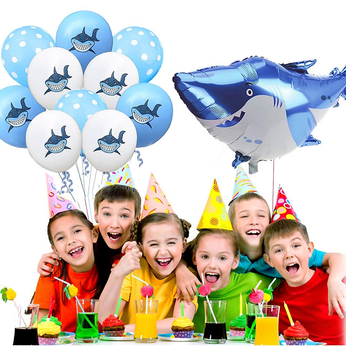SAKOLLA Set of 22 Shark Theme Party, 2 x 37" Large Shark Foil Balloons and 20 x 12" Shark Latex Balloons