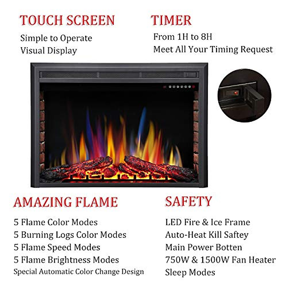 R.W.FLAME 39" Electric Fireplace Insert,Freestanding & Recessed Electric Stove Heater,Touch Screen,Remote Control,750W-1500W with Timer & Colorful Flame Option