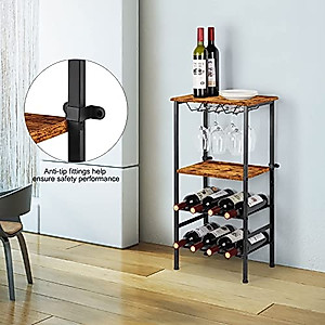 Wine Rack Freestanding Floor, Wine Rack Table Wine Bar Cabinet with Glass Holder Wine Rack with Storage Shelves Wine Rack Shelf Stand Wine Display Rack Hold 8 Bottle and 9 Glasses, Industrial Brown