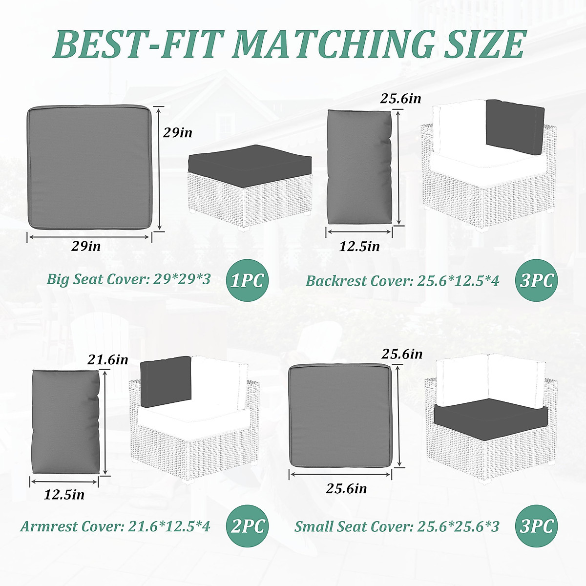 Kimunuk 9 Pcs Outdoor Patio Cushions Covers Replacement Waterproof with Zipper for 5 Pcs Patio Furniture Set, Covers Only