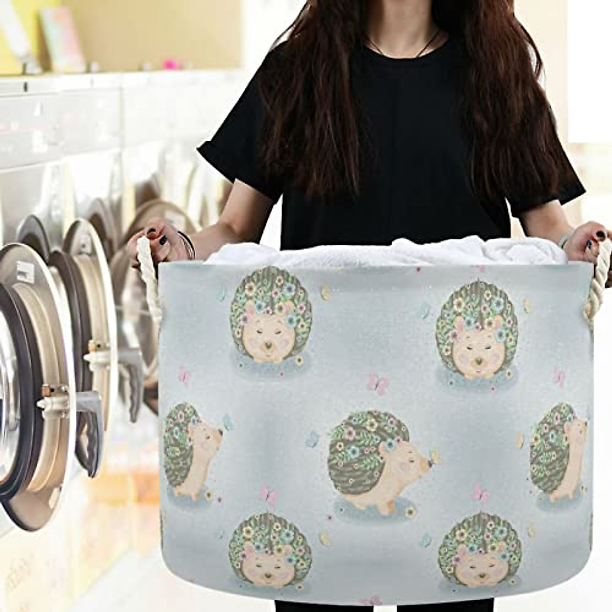 visesunny Hedgehog Spring Flower Meadow Laundry Baskets Fabric Storage Bin Storage Box Collapsible Storage Basket Toy Clothes Shelves Basket for Bathroom,Bedroom,Nursery,Closet,Office