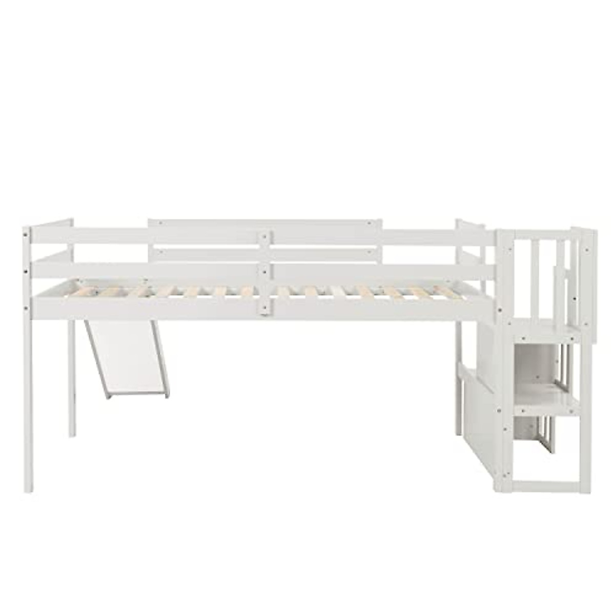 ERYE Twin Size Loft Bed with Slide and Storage Staircase, Wooden Bedframe Bedroom Furniture w/Full-Length Safety Guardrails & Shelves for Kids, Teens, Girls, Boys