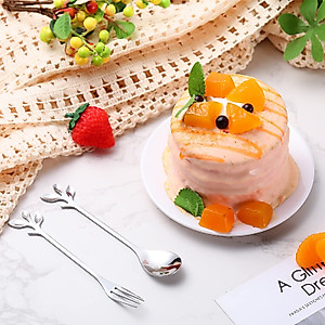 Stainless Steel Leaf Coffee Spoon and Appetizer Fork Tableware Dessert Spoon Mini Dessert Utensils Set Creative Demitasse Spoons and Forks for Stirring, Fruit, Cake, Coffee, Tea(Silver, 40 Pieces)