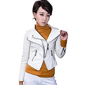 chouyatou Women's Fashion Tailored Zip-Up Faux Leather Quilted Racer Jacket (X-Large, White)