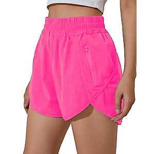 BMJL Women's Running Shorts Elastic High Waisted Shorts Pocket Sporty Workout Short Quick Dry Athletic Shorts Pants(M,Hot Pink)