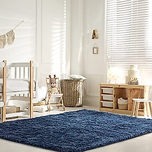 Signature Loom Fluffy Shaggy Area Rug 8x10 – Soft Fuzzy Velvet Rugs for Girls Bedroom – Shaggy Carpet for Kids Room with Non-Slip Bottom – Soft Fluffy Throw Rug Indoor Living Room Carpet, Navy Blue