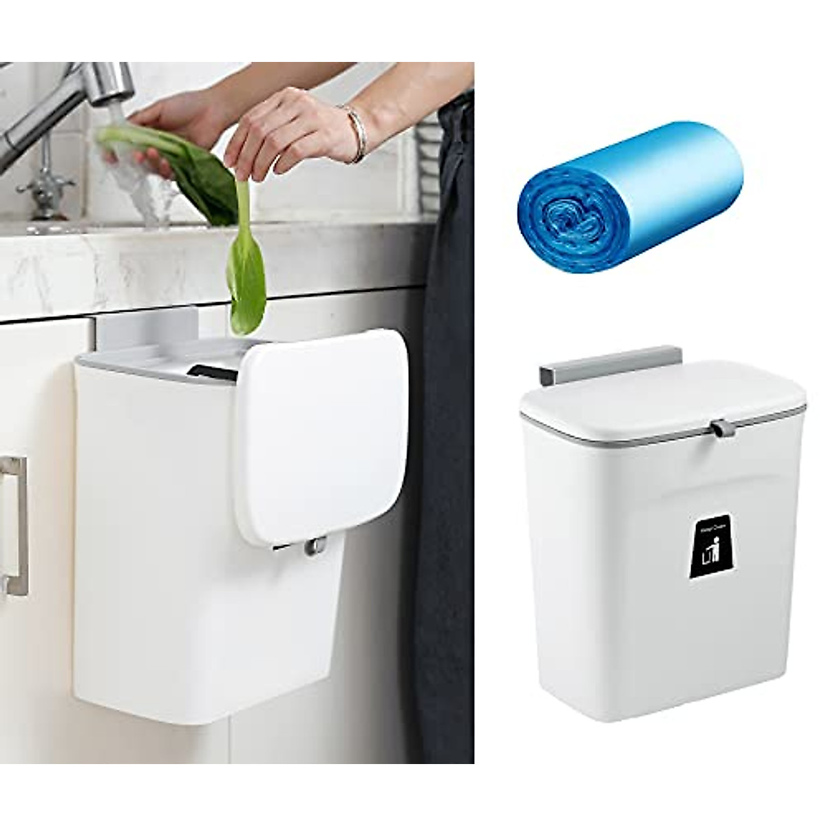 Lunies 2.4 Gal Compost Bin/Hanging Small Trash Can with Lid for Kitchen Cabinet Door/Counter Top/Under Sink/Bedroom/Bathroom/Cupboard White