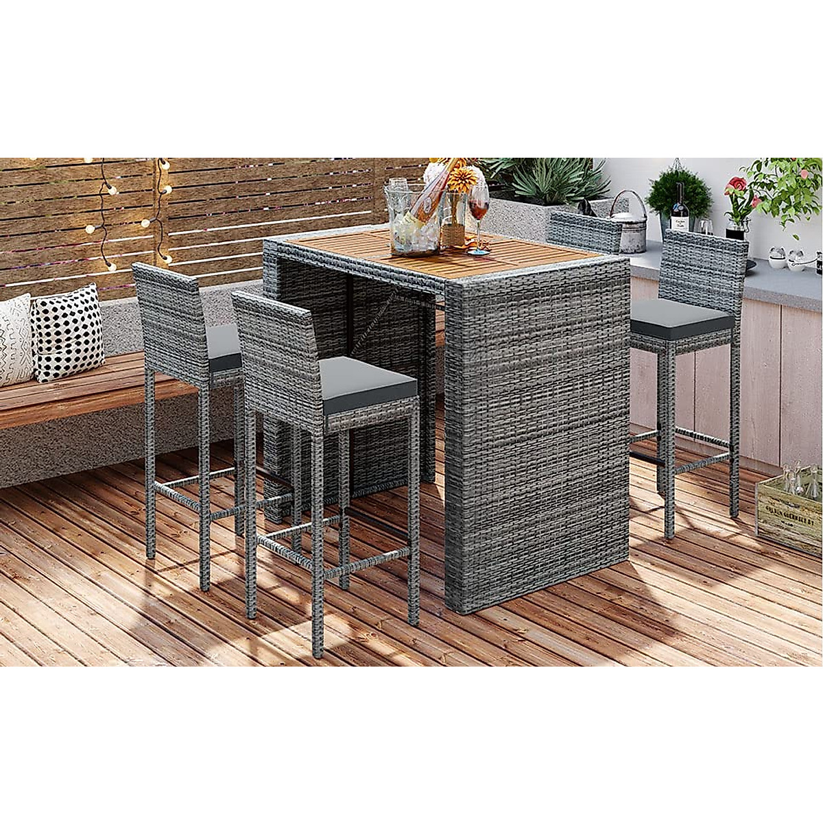 Tidyard 5-Pieces Outdoor Patio Wicker Bar Set, Bar Height Chairs with Non-Slip Feet and Fixed Rope, Removable Cushion, Acacia Wood Table Top Dining Set for Garden Patio Balcony