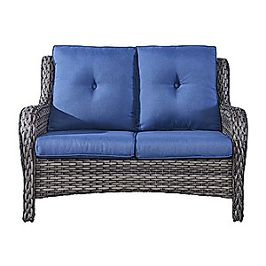 Rilyson Outdoor Loveseat Wicker Patio Sofa - 2-Seat Rattan Outdoor Couch Patio Furniture with Deep Seating and Cushions for Porch Deck Balcony(Mixed Grey/Blue)