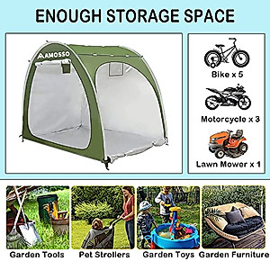 AMOSSO 4 or 5 Bike Shed Tent, Extra Thick 210D Silver Coated Oxford Waterproof & Sunproof, Double Side Opening Portable Storage Sheds Outdoor with Floor for Motorcycle, Bicycle, Garden Tools, Green