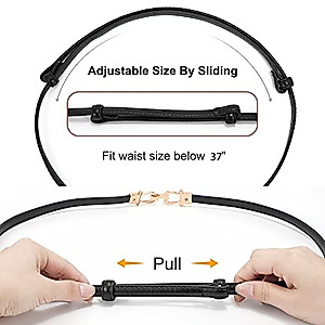 WERFORU Women Skinny Belt for Dress,Thin Waist Belt - Adjustable Leather Belt with Gold Buckle, Black, Fit Waist Size below 37 Inches