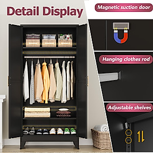 GAIOUS Metal Wardrobe Cabinet with Hanging Rod, 70.87" Metal Clothing Storage Cabinets with 2 Doors and Adjustable Shelves, Black Armoire Wardrobe Closet for Bedroom, Laundry Room, Cloak Room