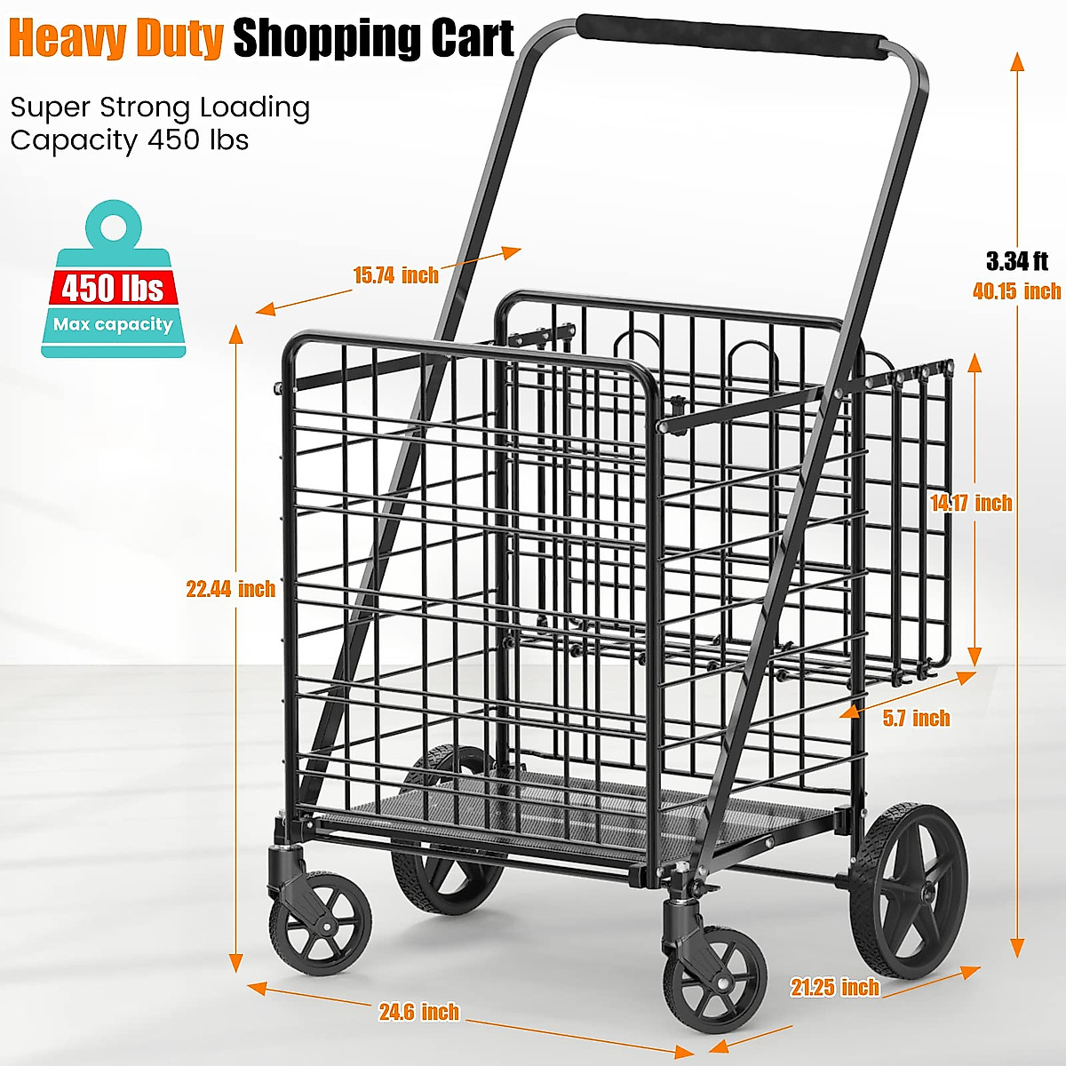 Extra Large Shopping Cart for Groceries, 450lbs Heavy Duty Grocery Cart on Wheels, Folding Dual Basket Utility Carts with Waterproof Liner, Shopping Carts for Transport, Laundry, Gift, Luggage, Black
