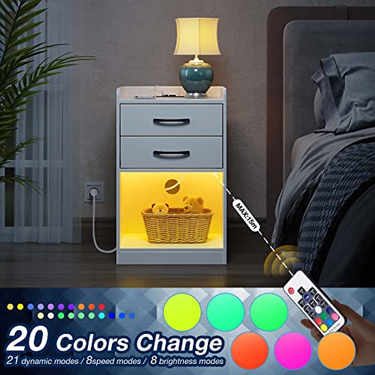 Seventable Nightstand with Charging Station and LED Lights, Modern Design End Side Table with 2 Drawers, Nightstand Open Compartment for Bedroom, White