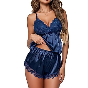 Avidlove Womens Pajamas Set Satin Lingerie 2 Piece Silk Pjs Cami Set (Navy Blue1, XX-Large)