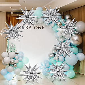 Silver Explosion Star Foil Balloons 50pcs Silver Starburst Balloons 26'' Big Foil Cone Balloon 12 Cone Point Star Balloon Metallic Spike Balloon Birthday Wedding Anniversary Backdrop Baby Shower Decor