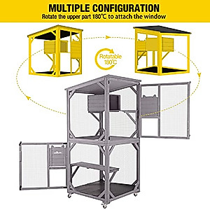 Aivituvin Cat Catio Outdoor Cat House Wooden Large Enclosure with Run on Wheels 70.9" Upgraded Version Catio with Reinforcement Strip,Waterproof Roof (Grey)