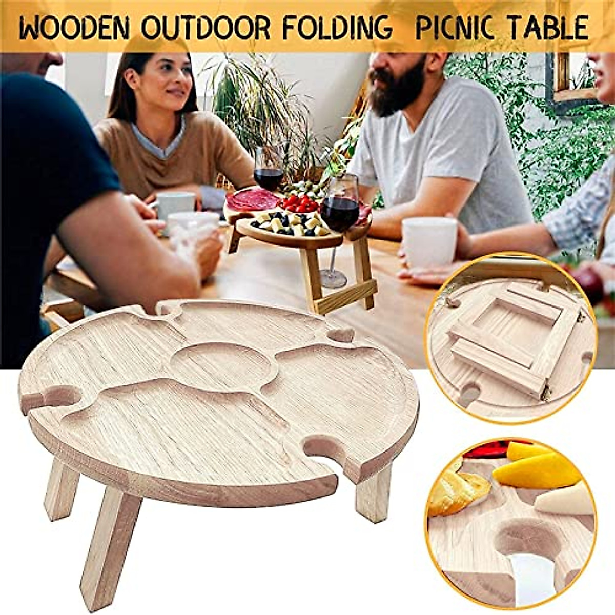 Wooden Outdoor Folding Picnic Table,Portable Creative 2 in 1 Wine Glass Rack Compartmental Dish for Cheese and Fruit,Collapsible Table for Lawn,Beach,Outdoors,Garden,Travel Nature-13.8"