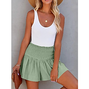 Trendy Queen Cotton Shorts Lounge Casual Shorts Cute Elastic High Waisted Flowy Shorts Ruffle Pleated Trendy Beach Shorts Summer Vacation Outfits Clothing 2023 Green