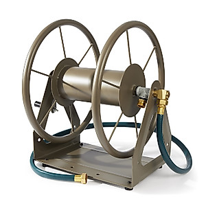Liberty Garden Multi Purpose Steel Garden Hose Storage Reel for Backyard, Garden, or Home, with 5 Foot Leader Hose and Hose Connections, Bronze