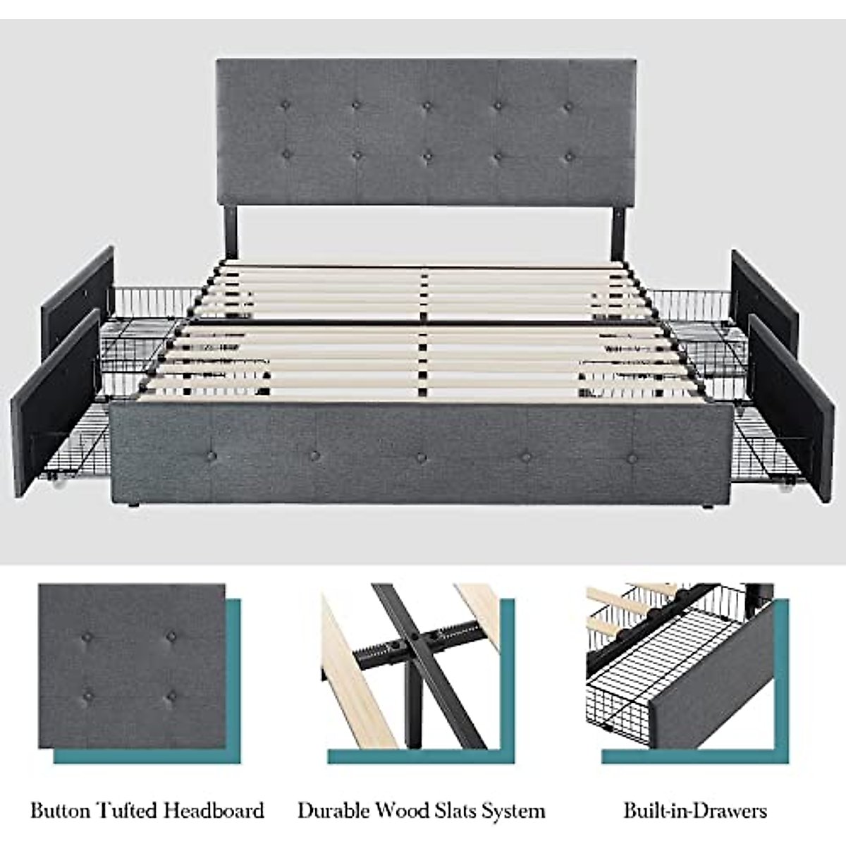 HOOMIC King Size Platform Bed Frame with 4 Storage Drawers, Adjustable Headboard, Square Stitched Button Tufted Design with Wooden Slats, No Box Spring Needed, Dark Grey