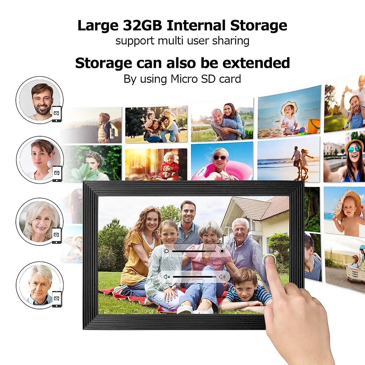 32GB 10.1 inch WiFi Digital Photo Frame 1280 * 800 IPS Touch Screen Share Moments via App from Anywhere, Support Mirco SD Card Extend Storage, Auto-Rotate