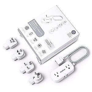 Addtam Universal Travel Adapter, Power Strip with International Plug Adapter, 2 AC Outlet and 2 USB Ports(1 USB-C PD 20W), Essentials for US EU UK AU White