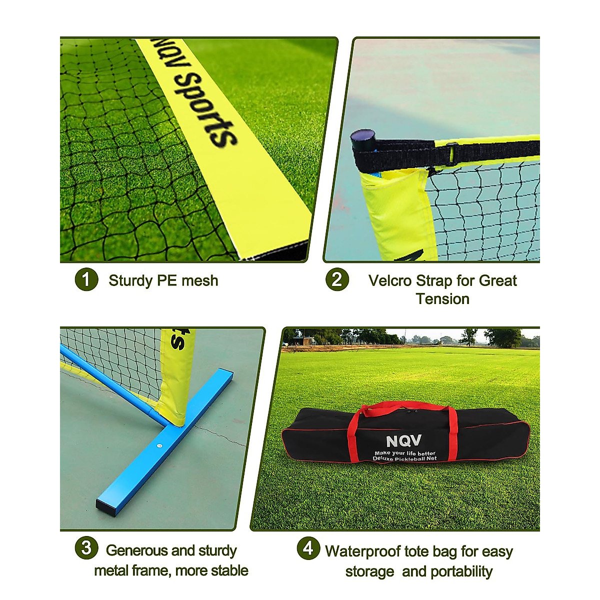 NQV Pickleball Set with Net, 4 Wood Paddles, 22FT Net, 4 Balls, 1 Bag, 2 Chalks, Yellow, Beginner