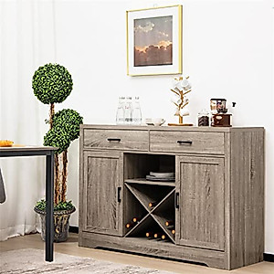 SEASD Kitchen Storage Buffet Farmhouse Wooden Sideboard with 2 Drawers and Wine Rack