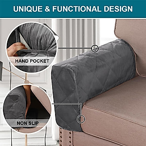 Turquoize Velvet Armrest Covers for Chairs and Sofas Couch Armrest Cover for Recliner with Side Pocket Non-Slip Arm Covers Protector for Dogs Washable Armrest Slipcovers Set of 2, Gray