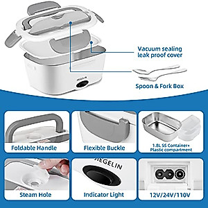 JIEGELIN Electric Lunch box food heater 2-in-1,12V/24V/110V/220V portable heating lunch box for cars and homes,stainless steel container fork and Spoon and portable bag (Grey)