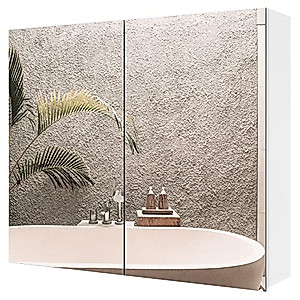 SOMY Bathroom Mirror Cabinet, Frameless Wall Mounted Medicine Cabinet with Double Mirror Doors and Adjustable Shelves, Recess or Surface Mount Bathroom Hanging Cabinet