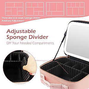 MOMIRA Makeup Train Case with Light & Mirror Large Cosmetic Organizer with Adjustable Dividers for Cosmetics,10X Magnifying Makeup Mirror,Pink