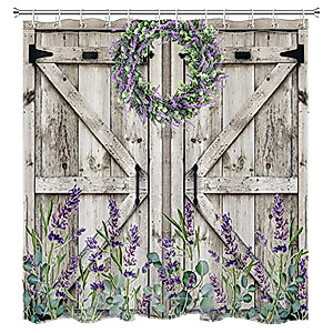 LB Western Barn Door Shower Curtain Sets with Rugs Purple Lavender and Green Eucalyptus Wreath Fabric Shower Curtain with Hooks Rustic Wood Board Bathroom Curtains Shower Set, 72x72 inches
