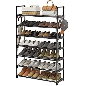 UNITSTAGE 7 Tiers Black Shoe Rack Shoe Organizer Shoe Storage for Closet 28-32 Pairs Metal Stackable Shoe Rack Shelf for Entryway for Garage Metal Pipes with Side Hooks Plastic Connectors