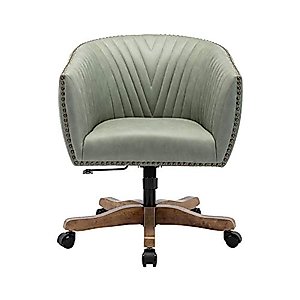Guyou Barrel Home Office Desk Chair with Wood Base, Upholstered Ergonomic Accent Arm Chair with Luxurious Nailheads and Pleated Mid-Back for Home Studio Bedroom Vanity, Green in Faux Leather
