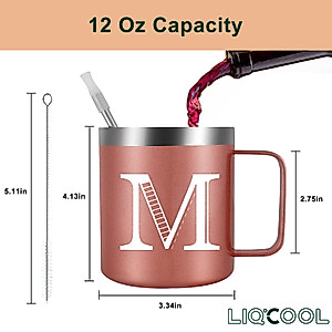 LiqCool Initial Mug, Monogrammed Gifts for Women Men, Letter-M, K, A, S Initial Monogram Engraved Coffee Mug Tumbler, Monogram Mug Personalized Gifts for Women Men, 12 Oz Travel Coffee Mug(Rose Gold)