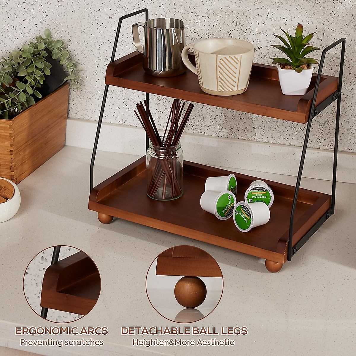 Youngcafe 2 Tier Coffee Bar Accessories and Organizer Shelf,Wooden Coffee Station Organizer for Countertop Coffee Bar Decor,Coffee Syrup Canisters Cups Rack for Bathroom,Kitchen