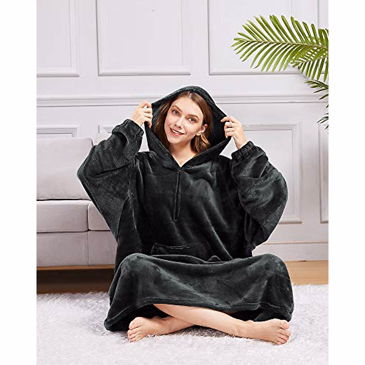 Hilarocky Blanket Hoodie Oversized Fleece Wearable Blanket Flannel Sweatshirt Blankets with Large Double Front Pocket, Quarter-Zippers Ultra Cozy Plush Blanket for Dark Grey