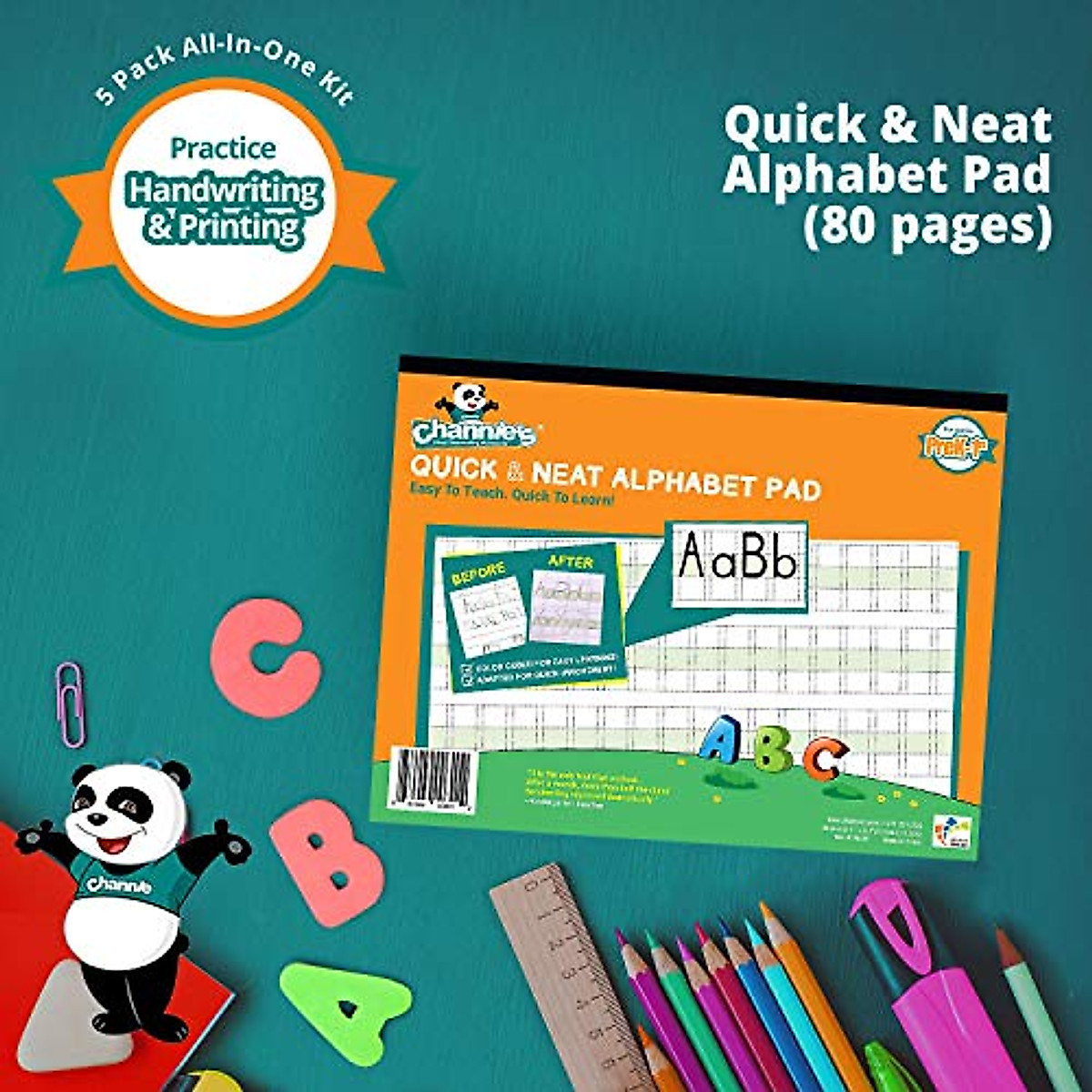 Channie’s All-In-One Visual Handwriting & Math Workbook Set for Pre-Kindergarten - 1st Grade Elementary School Students (5 Pack)