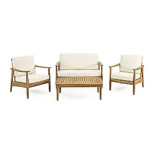 Christopher Knight Home Felix Outdoor Acacia Wood 4 Seater Chat Set with Coffee Table, Teak Finish, Beige