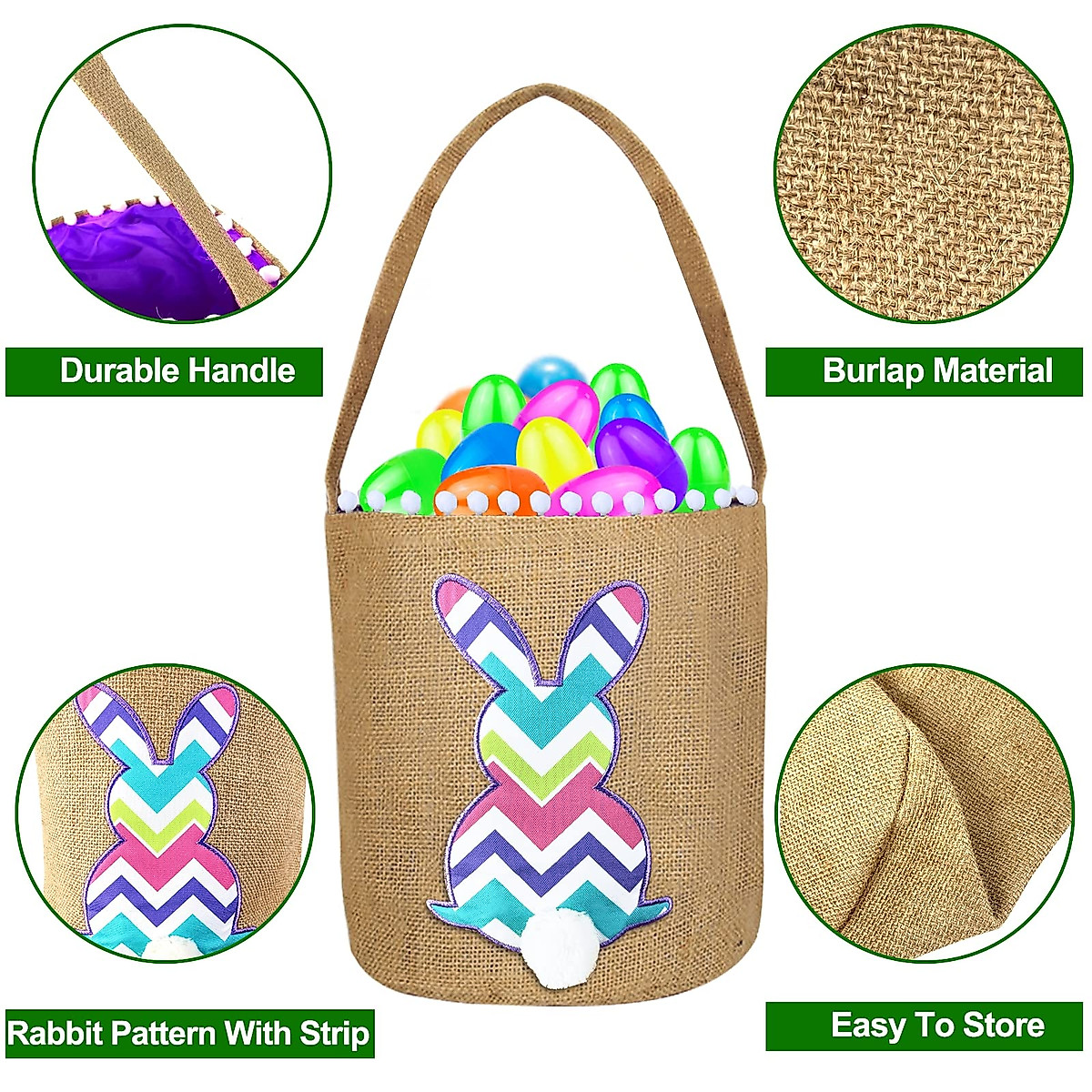 TURNMEON 3 Pack Easter Bunny Baskets Jute Burlap Buckets for Kids, Personalized Candy Easter Eggs Hunt Basket Tote with Rabbit Fluffy Tail Gifts Bags for Boys Girls Easter Party Favors Decorations Toy