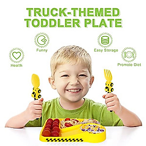 A Set of Toddler's Plates Set and a Set of Toddler's Fork and Spoon Set, Construction Toddler Utensils, Suitable for Kids Utensils.