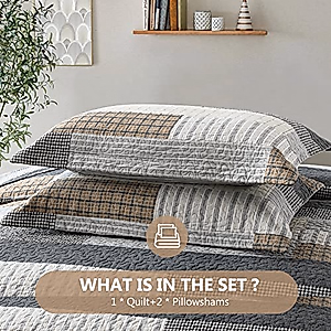 Quilts Queen Size, Queen Quilt Bedding Set Bedspread, 100% Cotton Patchwork Quilt for Queen Bed, 3 Pieces Plaid Farmhouse Reversible Lightweight Comforter Bed Spread for All Season, Grey/Tan/Black