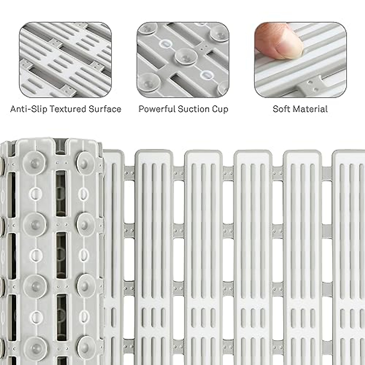 Qidordour Bathtub Mat Non Slip Shower Mats, 35.4 x 15.7 Inch Long Soft Bath Tub Mat with Suction Cups and Drainage Holes, Anti Slip Bath Mats for Tub Inside Shower Stall Tray Bathroom Floor,Light Grey