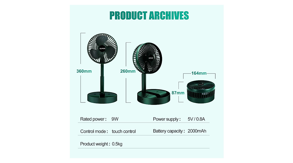 MAESHOP Portable Table Fan 6.5 Inch 3 Speeds Wind Quiet 2000mAh ...